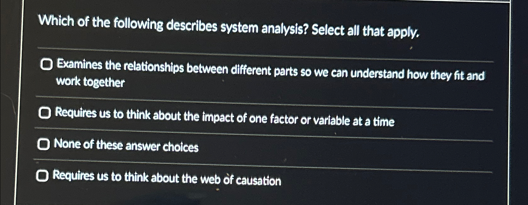 Solved Which of the following describes system analysis? | Chegg.com