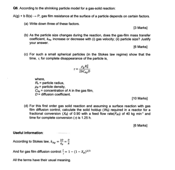 Solved Q6. According to the shrinking particle model for a | Chegg.com
