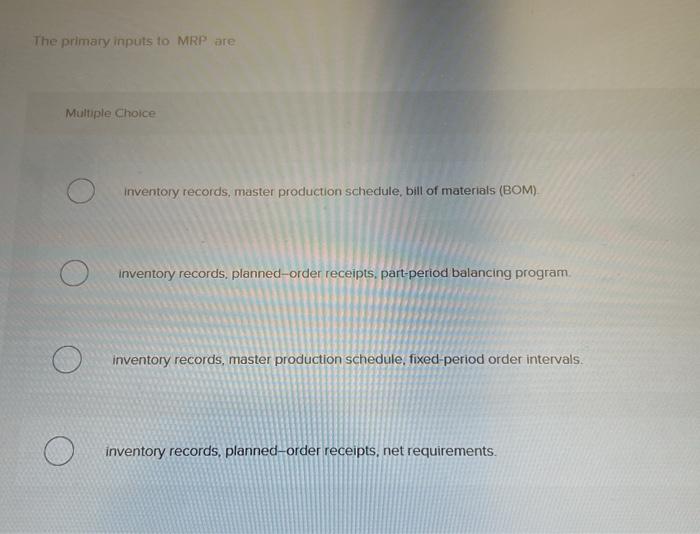 Solved The primary inputs to MRP are Multiple Choice | Chegg.com
