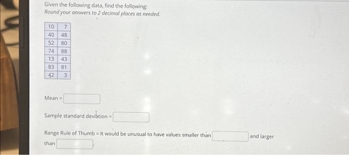 Solved Given the following data, find the following: Round | Chegg.com