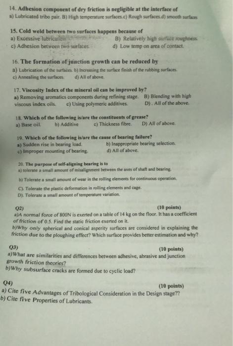 14. Adhesion component of dry friction is negligible | Chegg.com