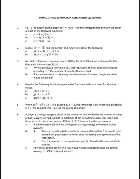 Solved MHF4U1 FINAL EVALUATION ASSIGNMENT QUESTIONS 1. | Chegg.com