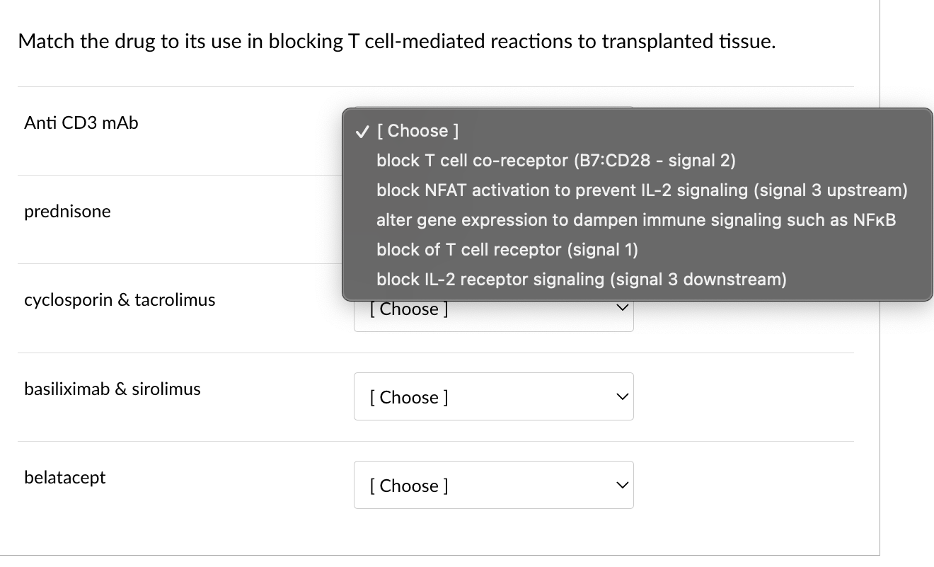 Solved Match the drug to its use in blocking T cell-mediated | Chegg.com