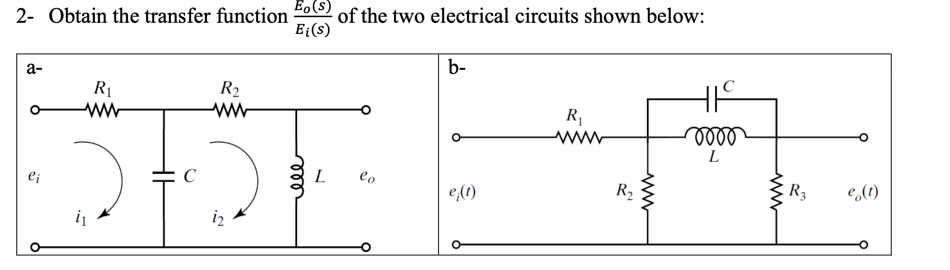 Solved 2- ﻿Obtain the transfer function Eo(s)Ei(s) ﻿of the | Chegg.com