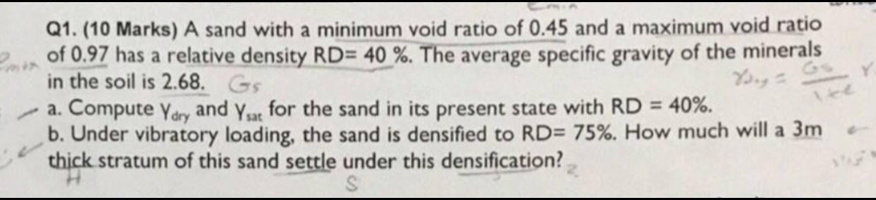 Solved Q1. (10 Marks) A sand with a minimum void ratio of | Chegg.com