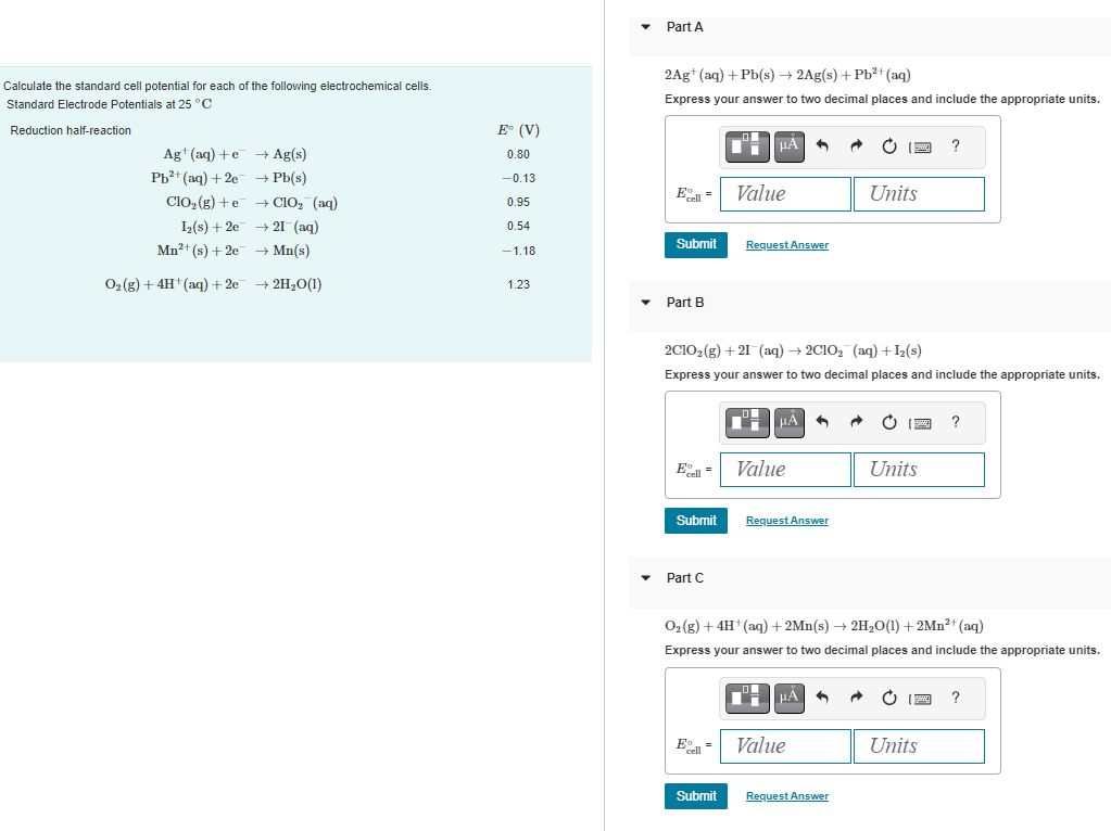 Solved Calculate the standard cell potential for each of the | Chegg.com