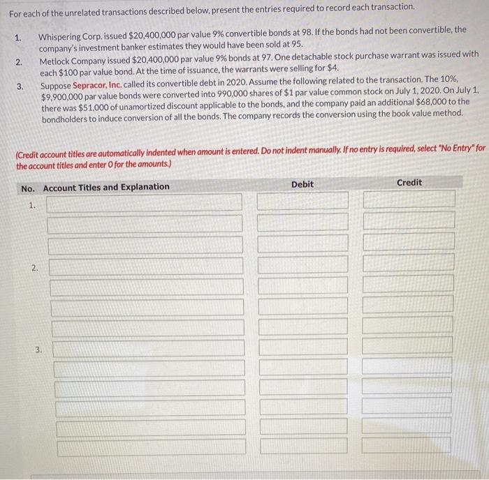 Solved For each of the unrelated transactions described | Chegg.com