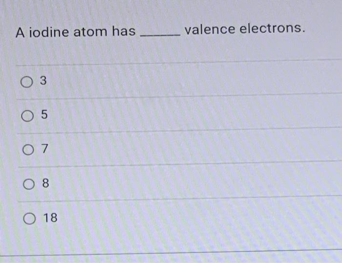 Solved A iodine atom has valence electrons. 3 5 7 8 18 | Chegg.com