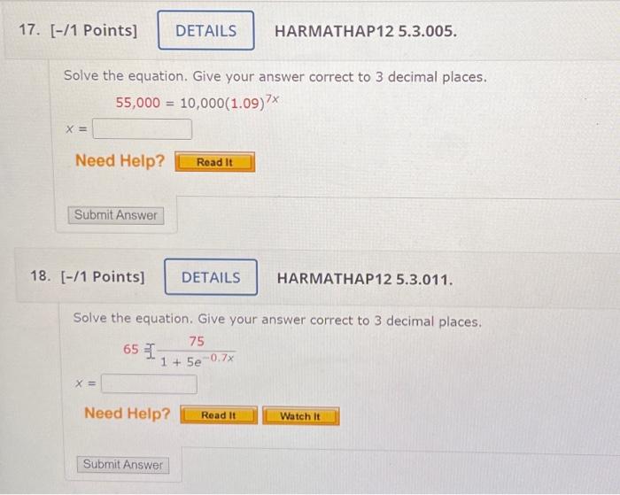 Solved Solve the equation. Give your answer correct to 3 | Chegg.com