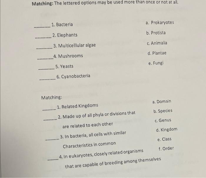 Solved Matching: The lettered options may be used more than | Chegg.com