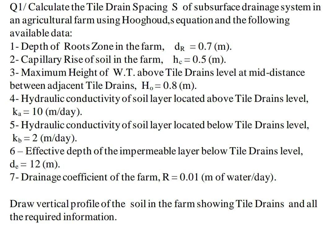 Solved Q1/ Calculate the Tile Drain Spacing S of subsurface | Chegg.com
