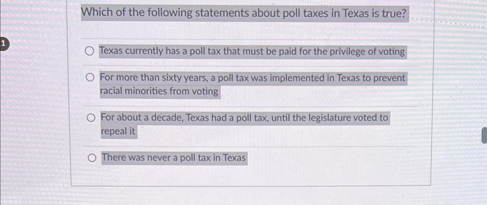 Solved Which of the following statements about poll taxes in | Chegg.com