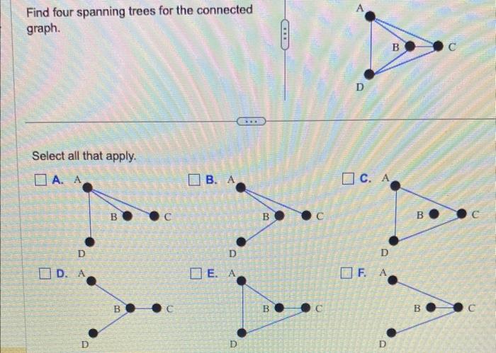 Solved Find four spanning trees for the connected graph. | Chegg.com