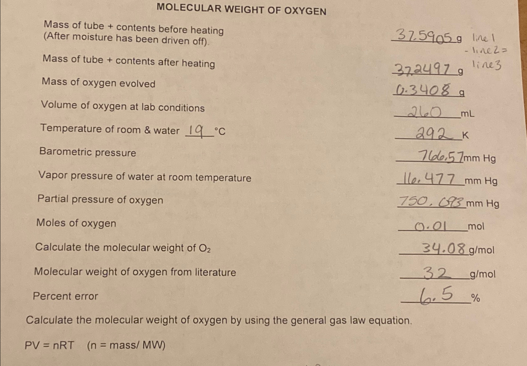 Solved MOLECULAR WEIGHT OF OXYGENMass of tube + ﻿contents | Chegg.com