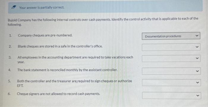 Solved Bujold Company has the following internal controls | Chegg.com