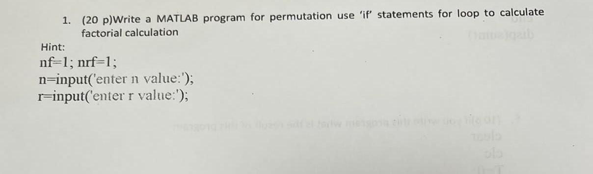 Solved 1. (20 p)Write a MATLAB program for permutation use | Chegg.com