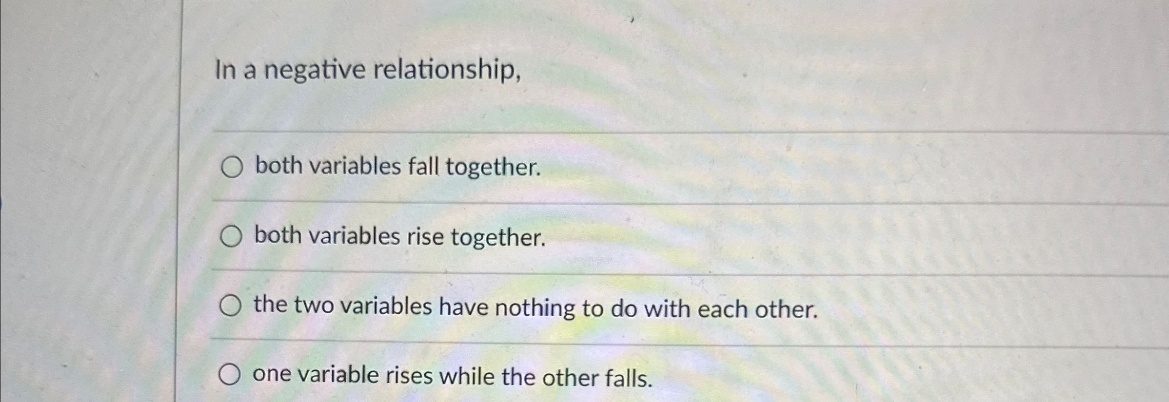 Solved In a negative relationship,both variables fall | Chegg.com