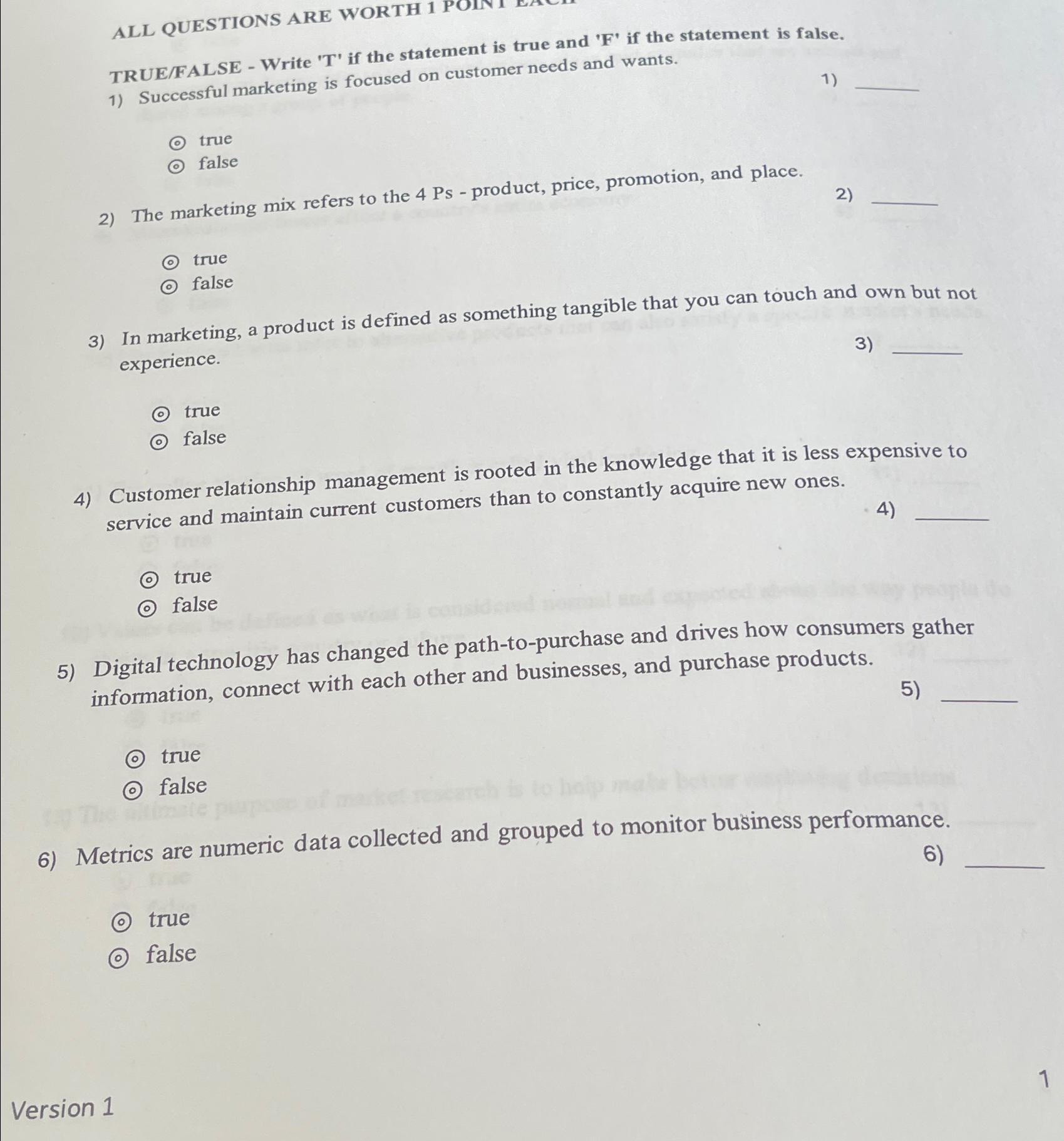 Solved ALL QUESTIONS ARE WORTH 1TRUE/FALSE - ﻿Write ' T ' | Chegg.com