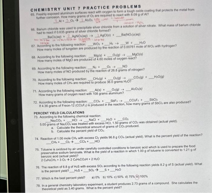 Solved CHEMISTRY UNIT 7 PRACTICE PROBLEMS 65. Freshly | Chegg.com
