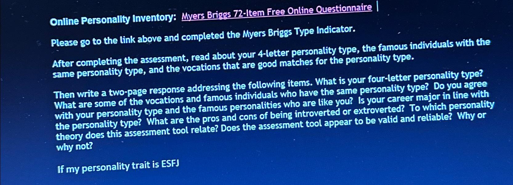 Online Personality Inventory: Myers Briggs 72-Item | Chegg.com