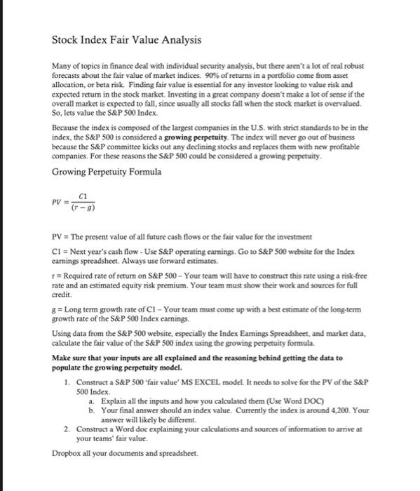 Solved Stock Index Fair Value Analysis Many of topics in | Chegg.com