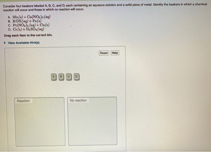 Solved Consider four beakers labeled A, B, C, and D, onch | Chegg.com