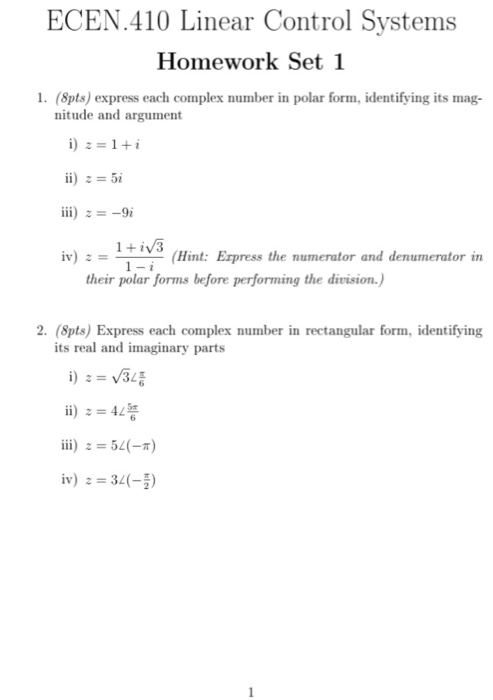 Solved ECEN.410 Linear Control Systems Homework Set 1 1. | Chegg.com