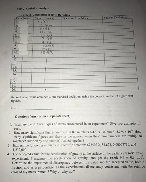 Solved Part 2: Statistical Analysis Table 2 Calculation of | Chegg.com