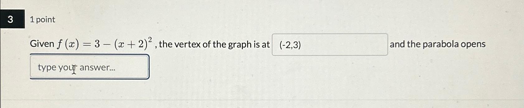Solved 31 ﻿pointGiven f(x)=3-(x+2)2, ﻿the vertex of the | Chegg.com