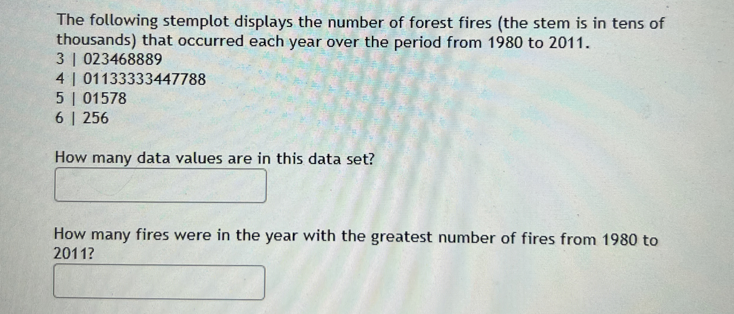 The following stemplot displays the number of forest | Chegg.com