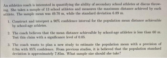 Solved An athletics coach is interested in quantifying the | Chegg.com