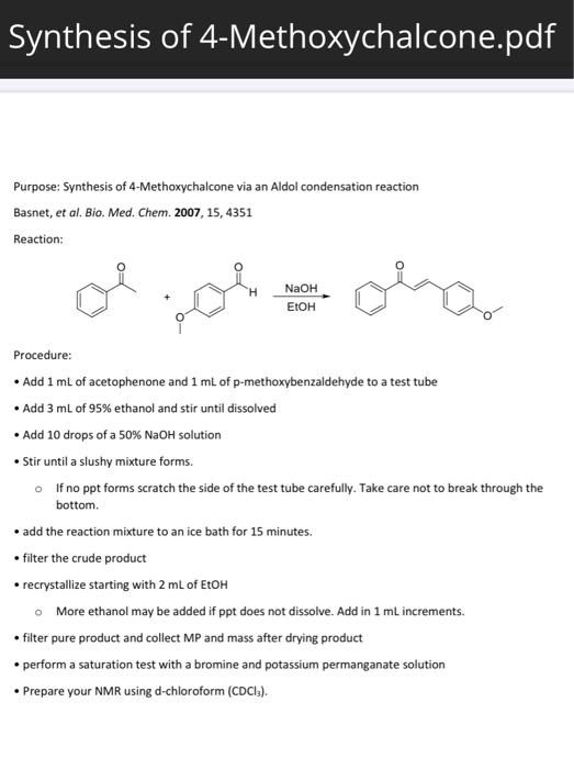 Synthesis of 4-Methoxychalcone.pdf Purpose: Synthesis | Chegg.com