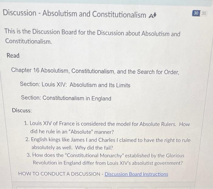 Discussion - Absolutism and Constitutionalism At This | Chegg.com