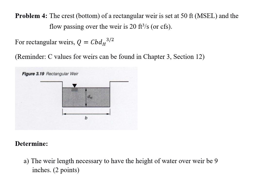Solved Problem 4: The crest (bottom) of a rectangular weir | Chegg.com