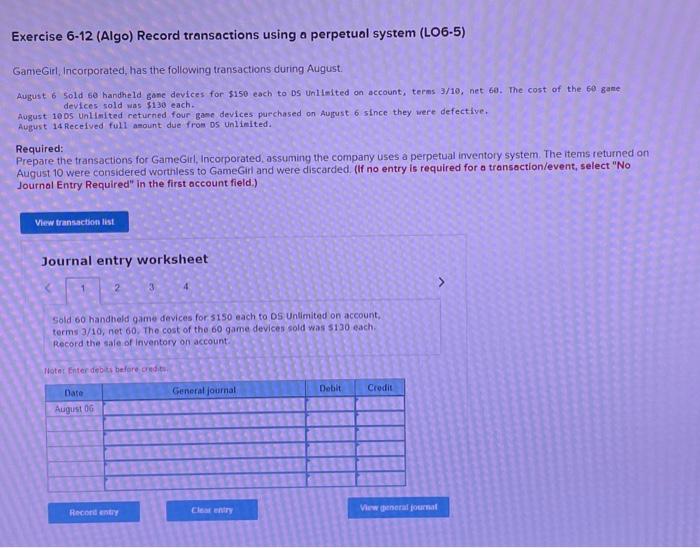 Solved Exercise 6−12 (Algo) Record transactions using a | Chegg.com
