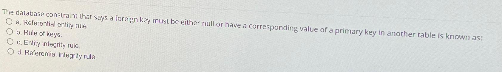Solved The database constraint that says a foreign key must | Chegg.com