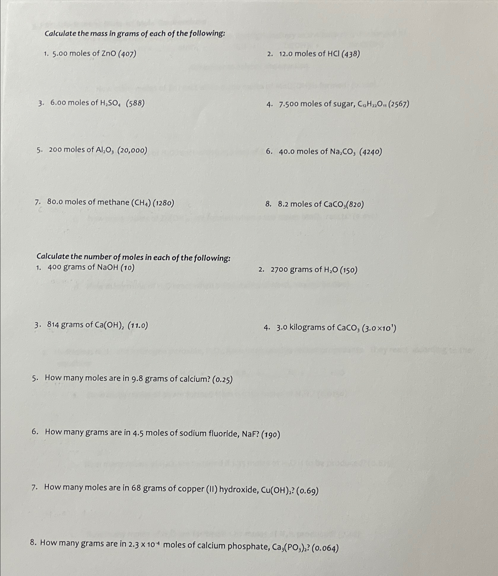 Solved Calculate the mass in grams of each of the | Chegg.com