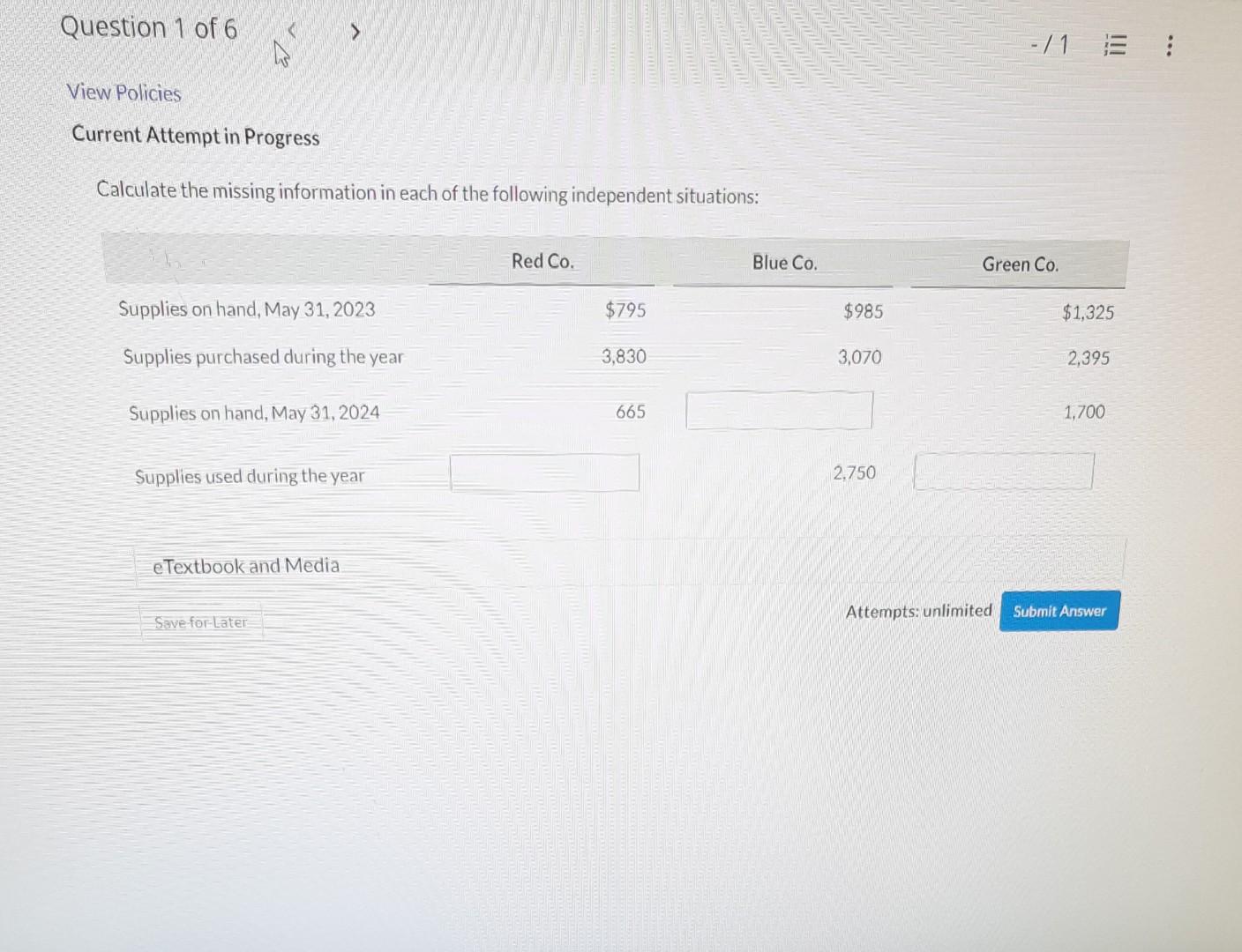 Solved Current Attempt in Progress Calculate the missing | Chegg.com