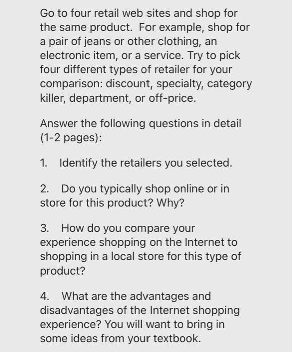 Solved Go to four retail web sites and shop for the same | Chegg.com