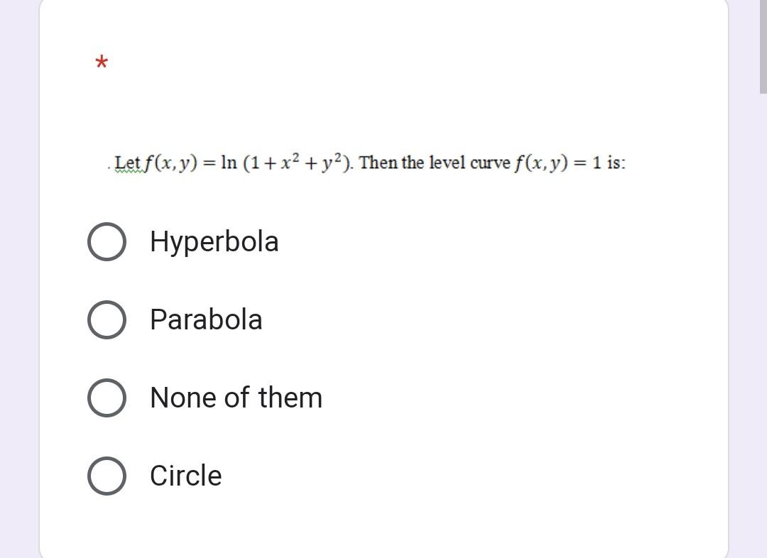 Solved Let f(x,y)=ln(1+x2+y2). Then the level curve f(x,y)=1 | Chegg.com