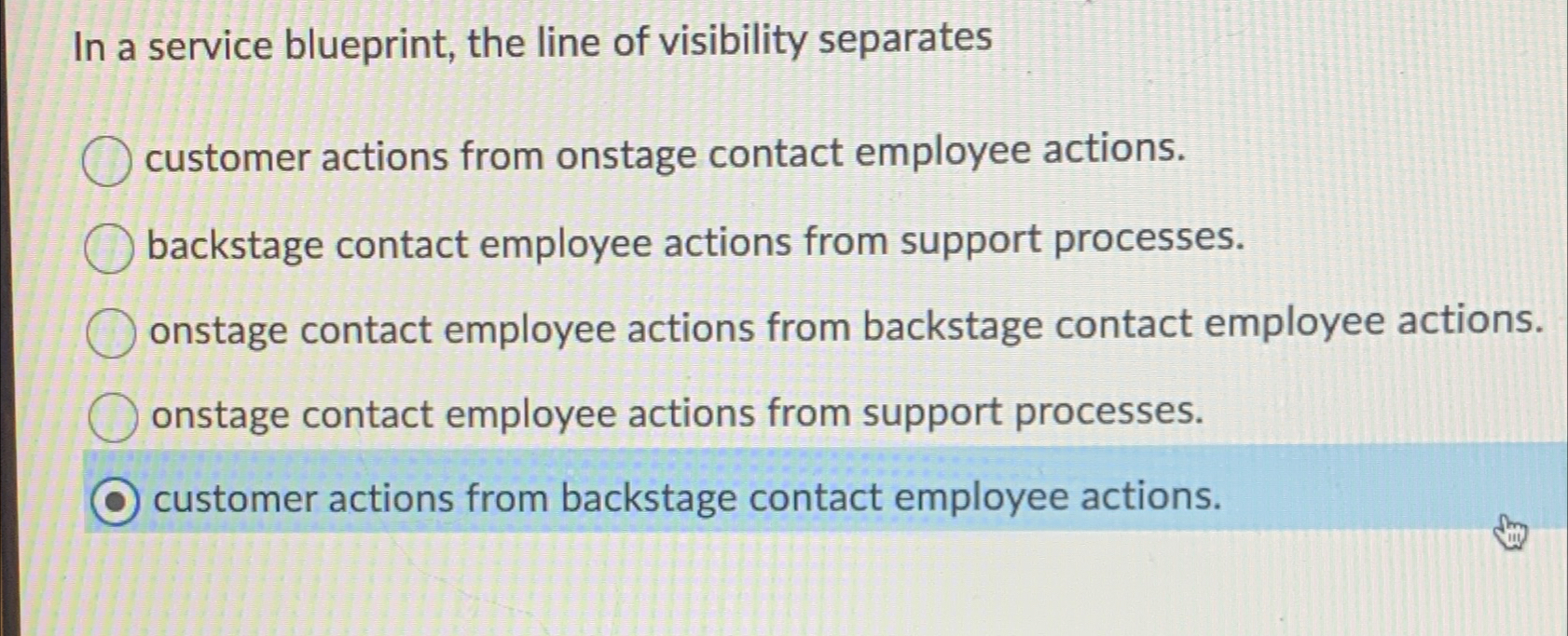 Solved In a service blueprint, the line of visibility | Chegg.com