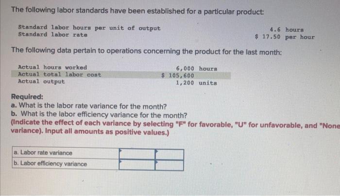 Solved The following labor standards have been established | Chegg.com