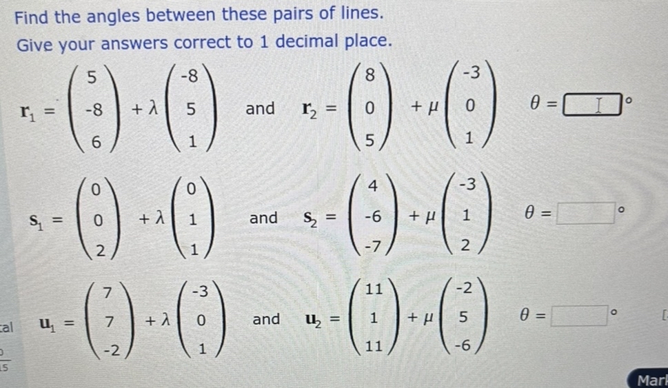 Solved Find the angles between these pairs of lines.Give | Chegg.com