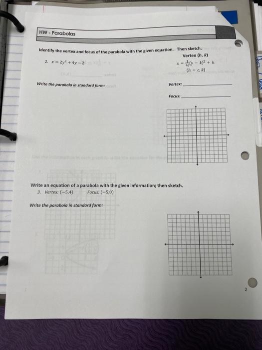 Solved HW - Parabolas Identify the vertex and focus of the | Chegg.com