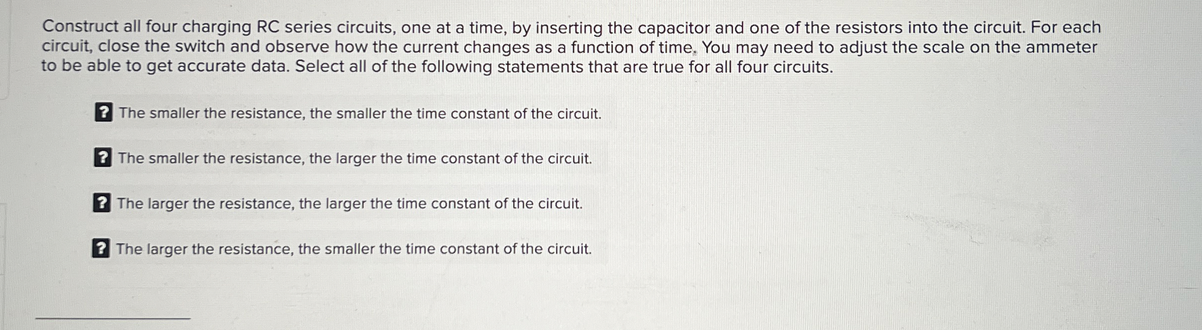 Solved Construct all four charging RC series circuits, one | Chegg.com