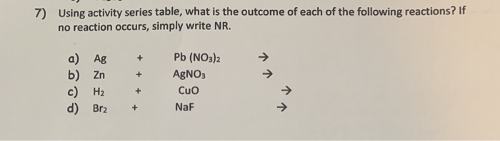 Solved 7) Using activity series table, what is the outcome | Chegg.com