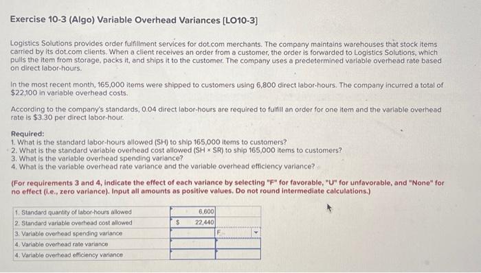 Solved Exercise 10-3 (Algo) Variable Overhead Variances | Chegg.com