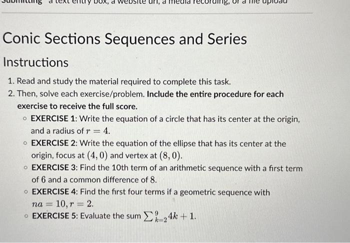 Solved Conic Sections Sequences and Series Instructions 1. | Chegg.com