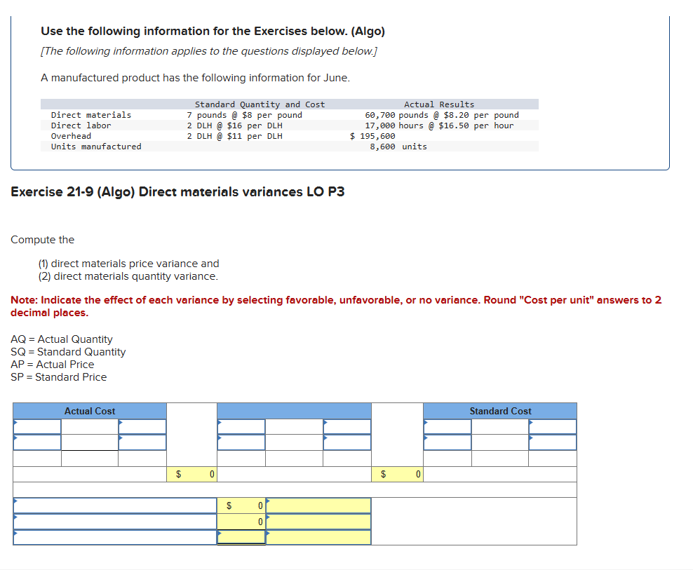 Solved Exercise 21-9 (Algo) ﻿Direct materials variances LO | Chegg.com