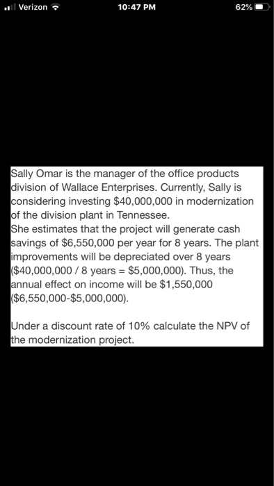 Solved Verizon 10:47 PM 62% Sally Omar is the manager of the | Chegg.com